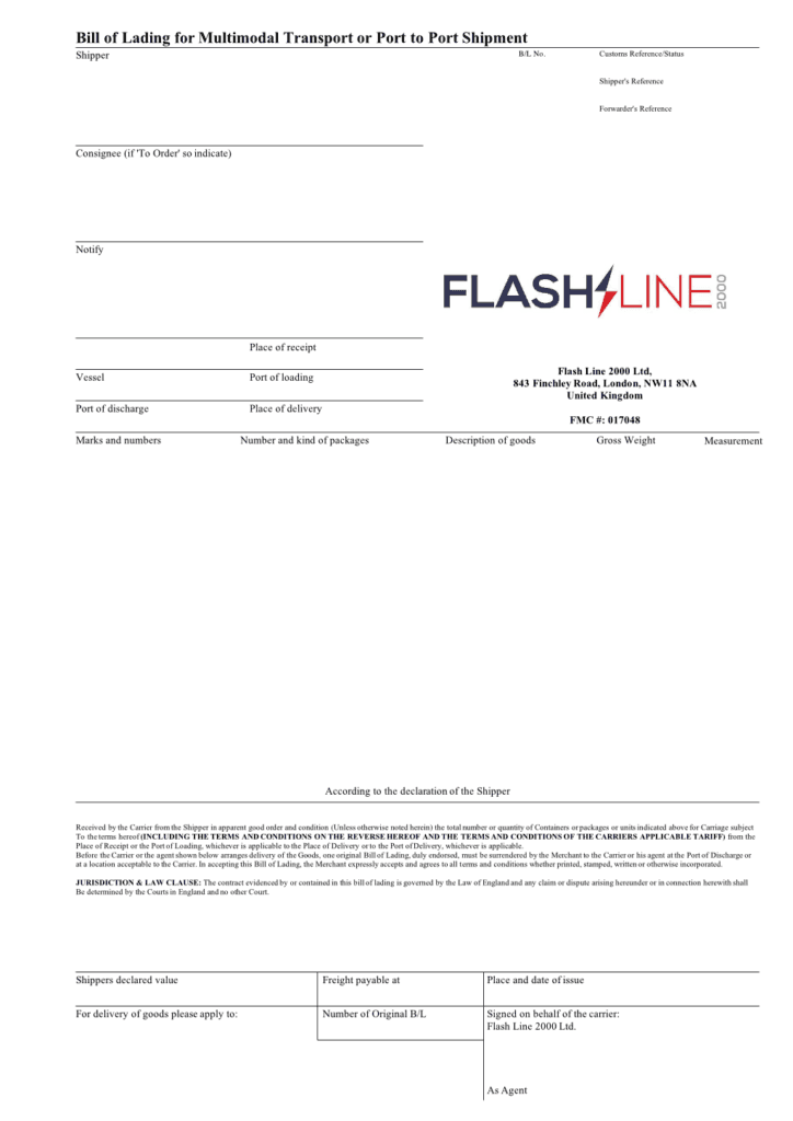Bill of Lading | FLASH LINE 2000